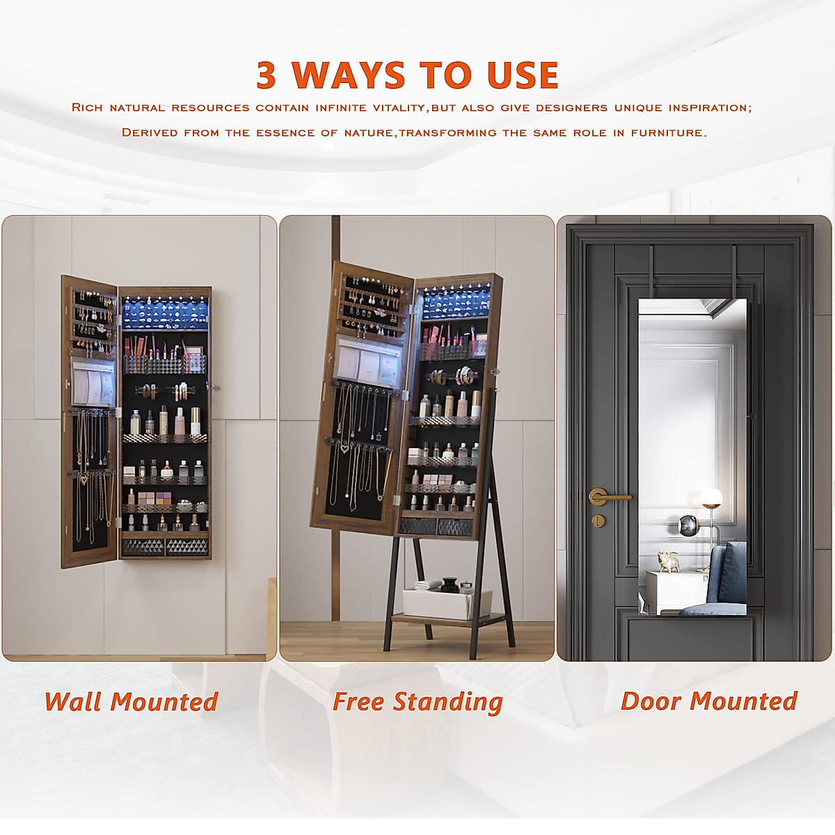 Lvifur LED Jewelry Armoire Freestanding, 3 Color Dimmable 47.2'' Full Length Mirror Large Capacity Jewelry Organizer Armoire, Lockable Floor Standing Mirror All in One for Bedroom (47.2'' Wooden)