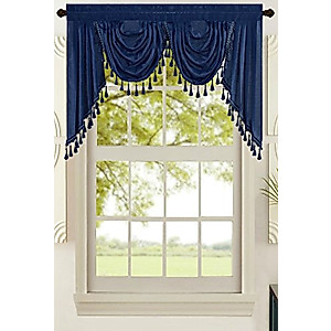 All American Collection New Attached Solid Faux Silk Double Waterfall Valance with Tails (55 inches x 32 inches, Navy Valance), full