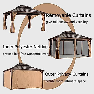 PURPLE LEAF 12' X 14' Outdoor Hardtop Gazebo Permanent Outside Heavy Duty Sun Shade Deck Canopy for Patio All Weather Aluminum Metal Roof Backyard Pavilion with Netting and Curtains