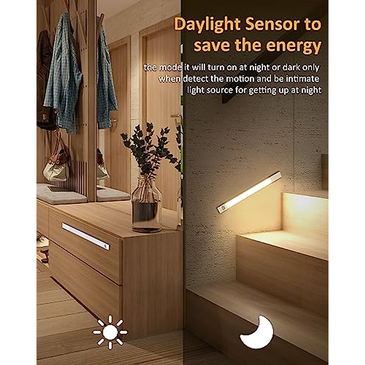 DUSKTEC Motion Sensor Light Indoor Under Cabinet Lighting Wireless 3 Color Dimmable Rechargeable Detachable Battery Operated Magnetic Closet Lights for Kitchen Counter Wardrobe Stairway