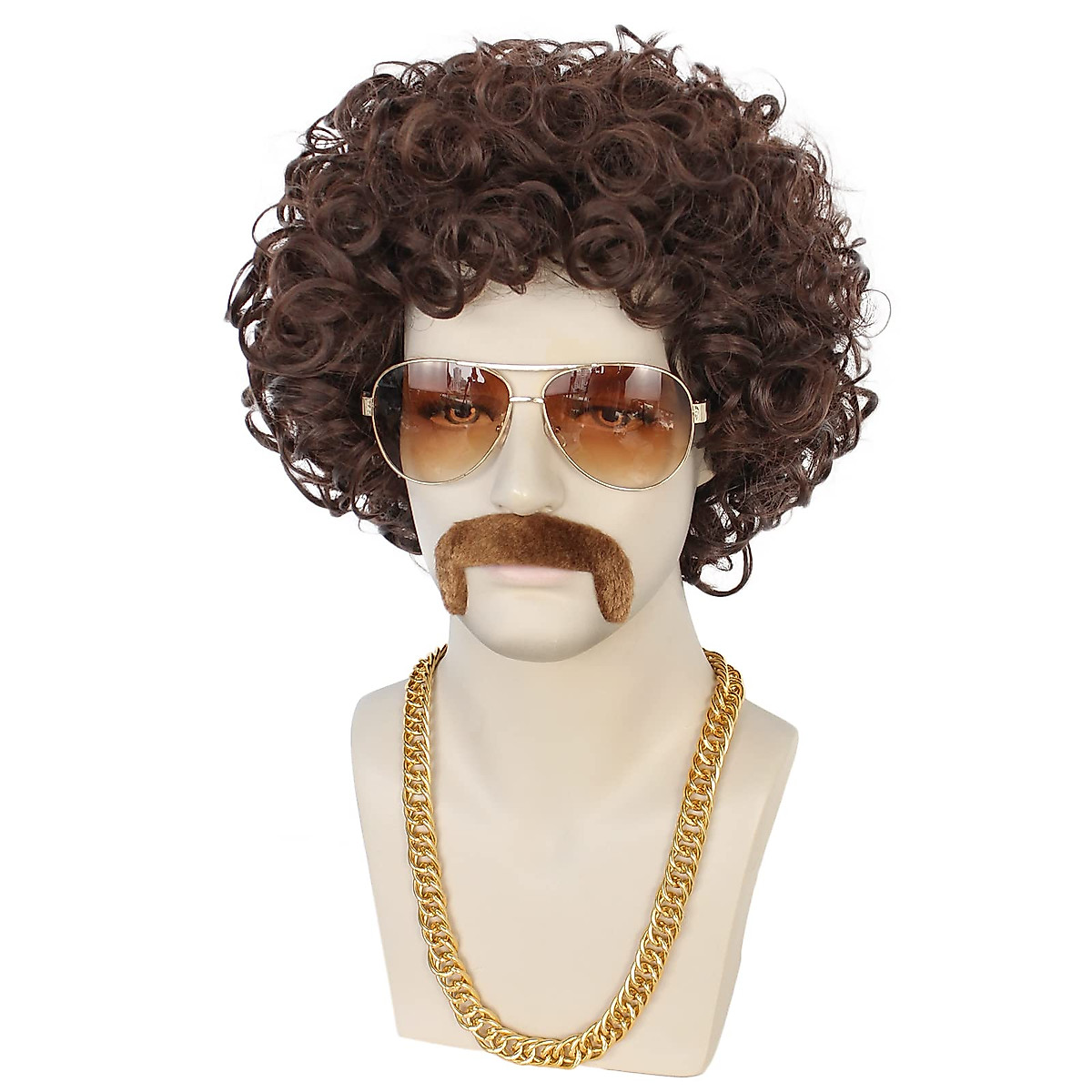 ANOGOL+Wig Cap+Mustache+Necklace+Glasses 5Pcs Afro Wig for Men Short Brown Curly Wig Disco Wigs 70'S Wig for Men 80'S Costumes for Men Disco Wig Jerry Curly Afro Wig Rocker Costume Wig Halloween Party