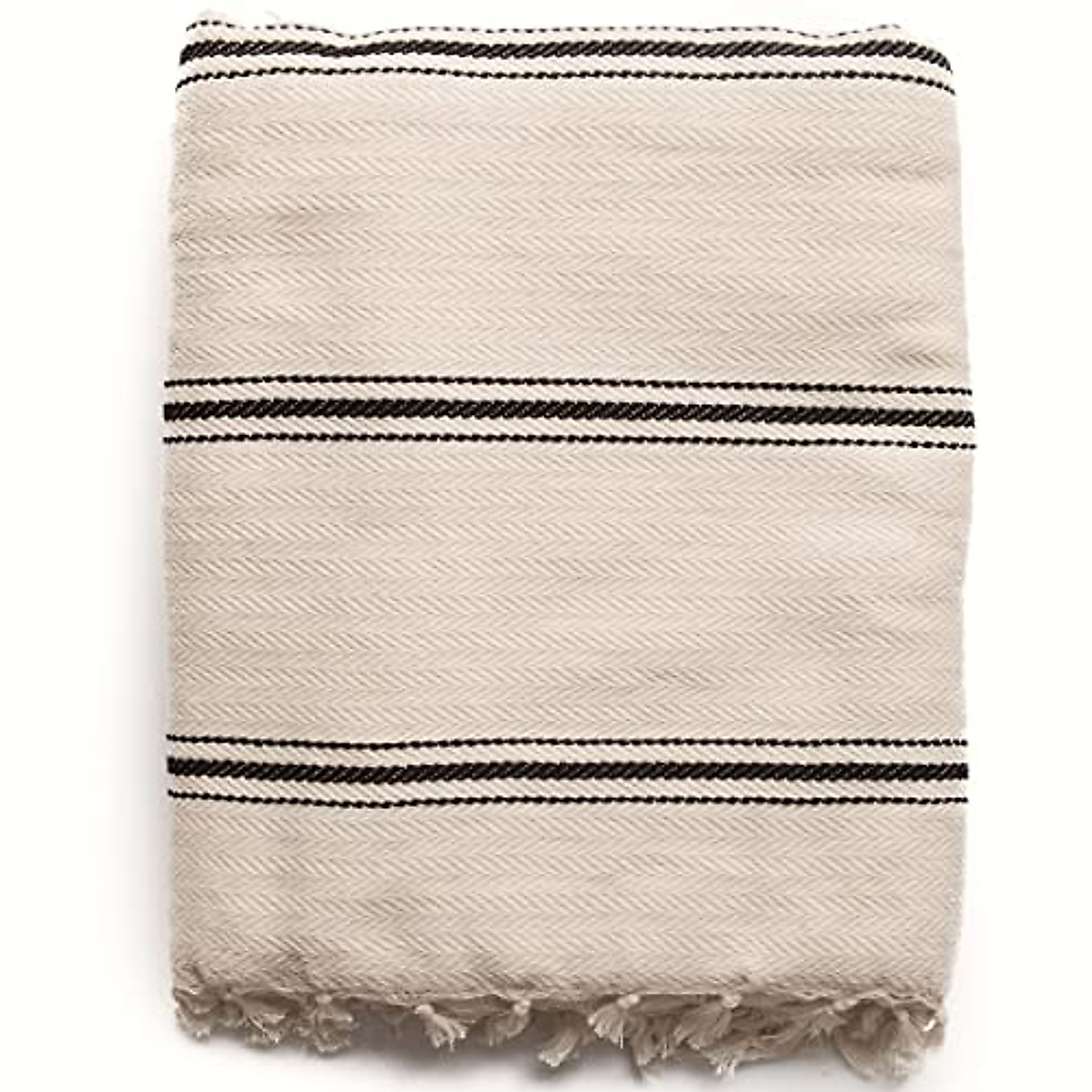 THE LOOMIA Sophie Turkish Cotton Boho Farmhouse Throw Blanket (Extra Large, Creamish Ecru Base with Black Stripes)