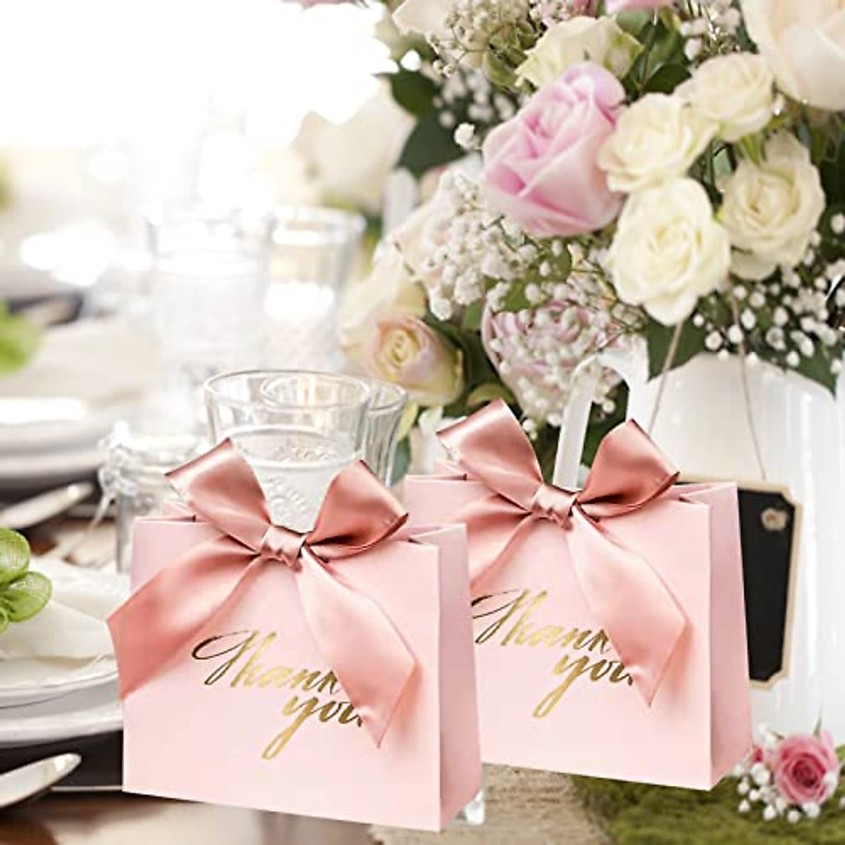 25 Pack Thank You Gift Bag, Small Pink Gift Bags with Pink Ribbon, Baby Shower Party Favor Boxes, Paper Treat Bag Bulk Mini Party Gift Boxes for Birthday Wedding Bridal Shower Business