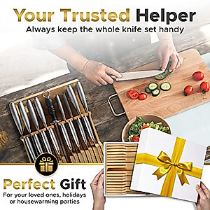 Kitchenero Knife Holder Extra Large 16.85x12.17" with Knife Sharpener Slot Premium Bamboo In-Drawer Knife Organizer Durable and Sustainable Updated Design Fits Most Standard Drawers