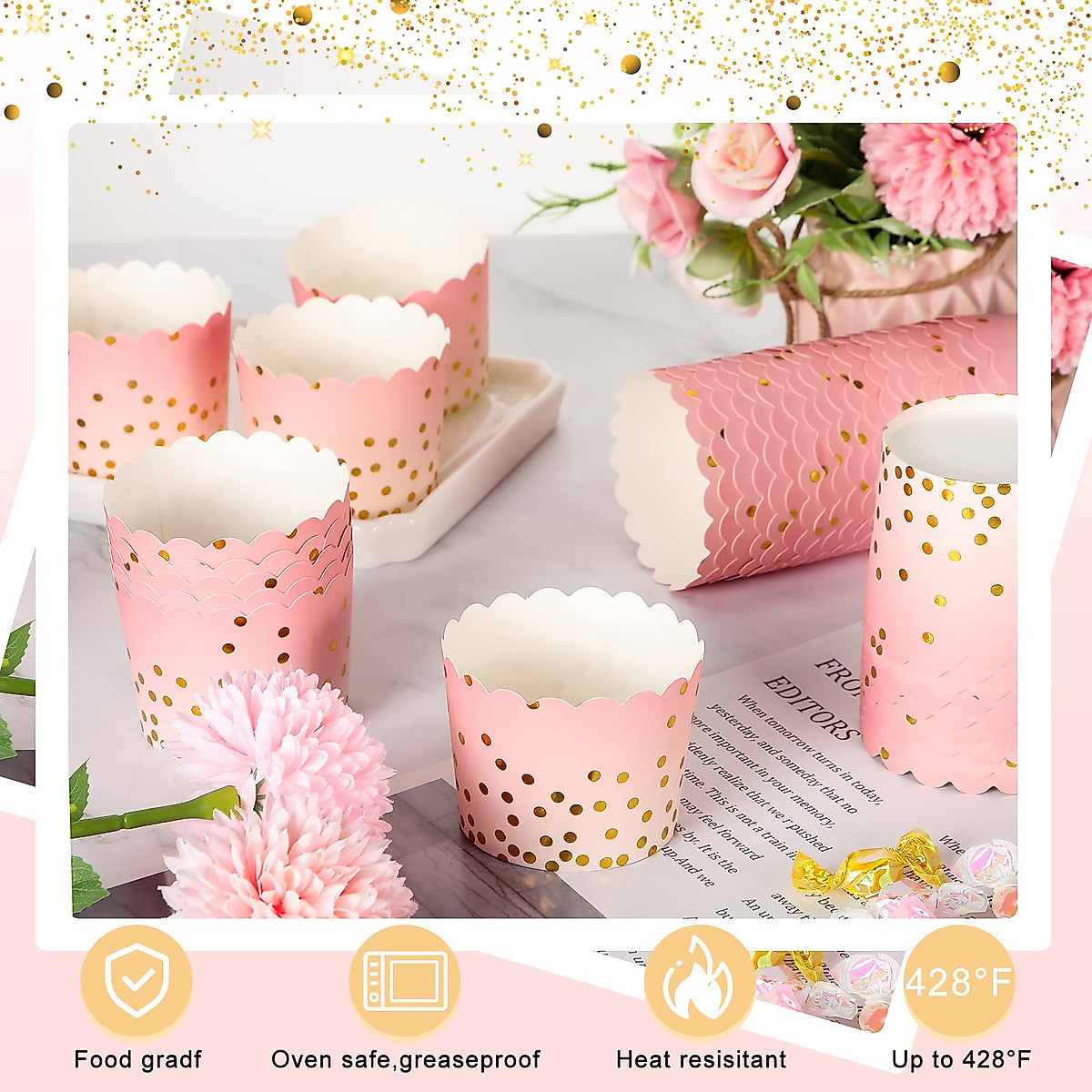 100 Pcs Pink Cupcake Liners 4.5 oz Gold Polka Dot Paper Baking Cups for Muffins Desserts Bake, Easter, Baby Showers, Wedding and Birthday Party