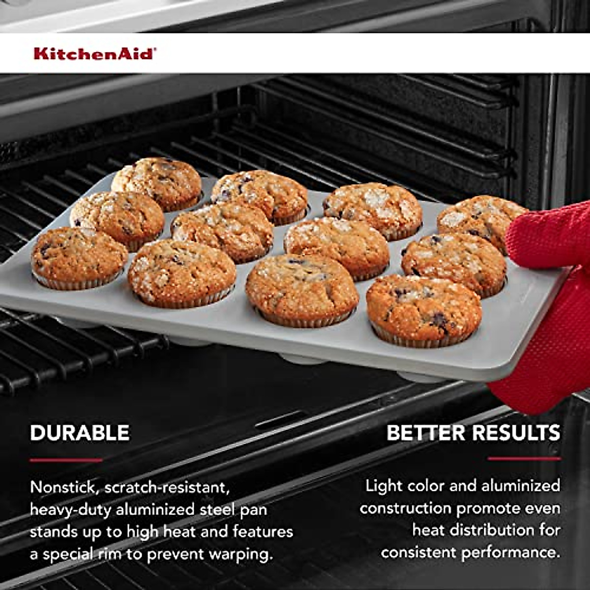 KitchenAid Nonstick Aluminized Steel Muffin Pan, 12-Cup, Silver