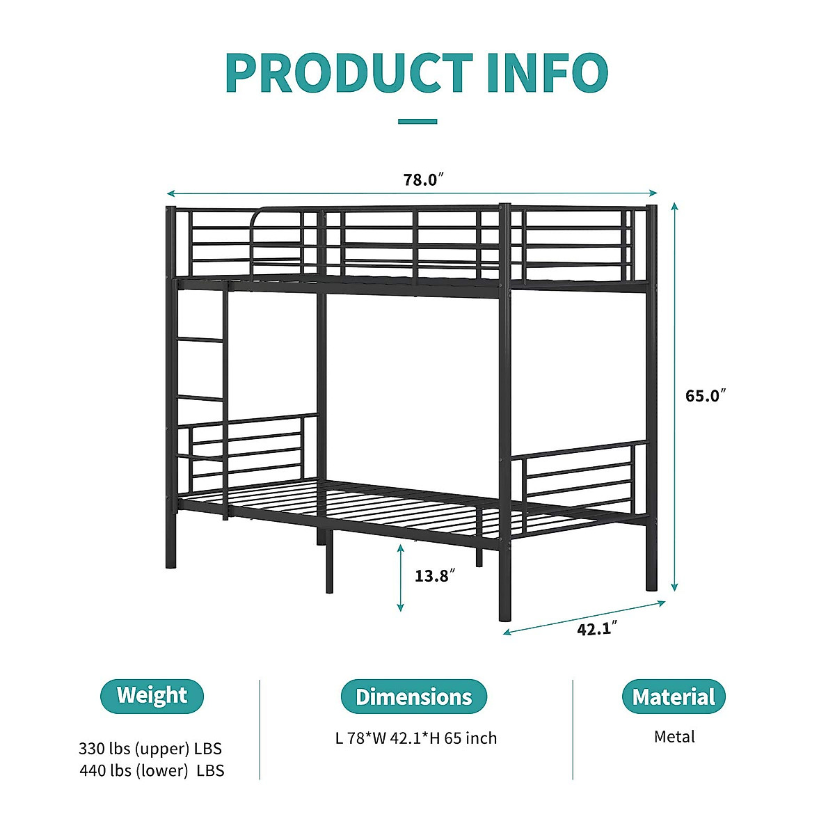mecor Metal Bunk Bed Twin Over Twin - Sturdy Frame with Safety Guard Rail & Removable Ladder - for Kids/Teens/Adults (Black)