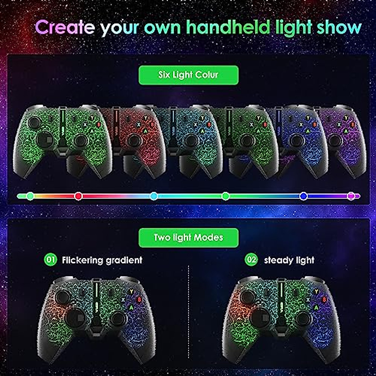 Gina Joyfurno Game Controller, Wireless Controller Compatible with Xbox One/One X/One S, Series X/S, PC, Gamepad with 6 Light Colors Unique Crack Skin/Dual Vibration/2.4GHz Connection (black)