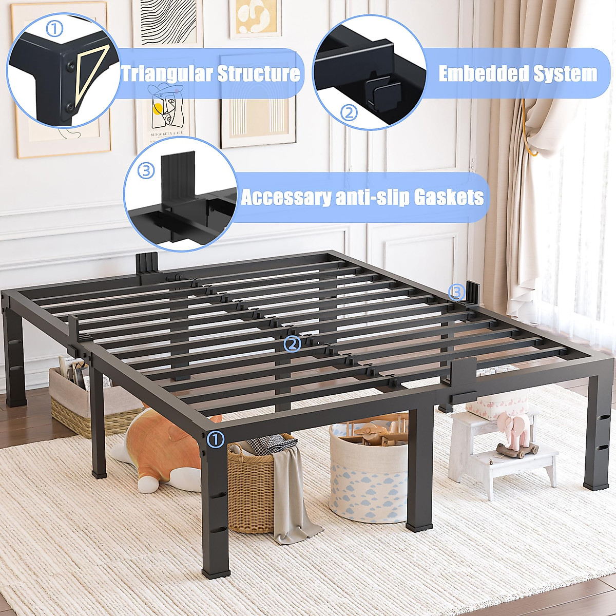Yitong Angel California King Size Bed Frame 16 inch High 3500 lbs Heavy Duty Metal Platform Mattress Foundation with Steel Slat Support/No Box Spring Needed/Noise Free/Non-Slip/Easy Assembly
