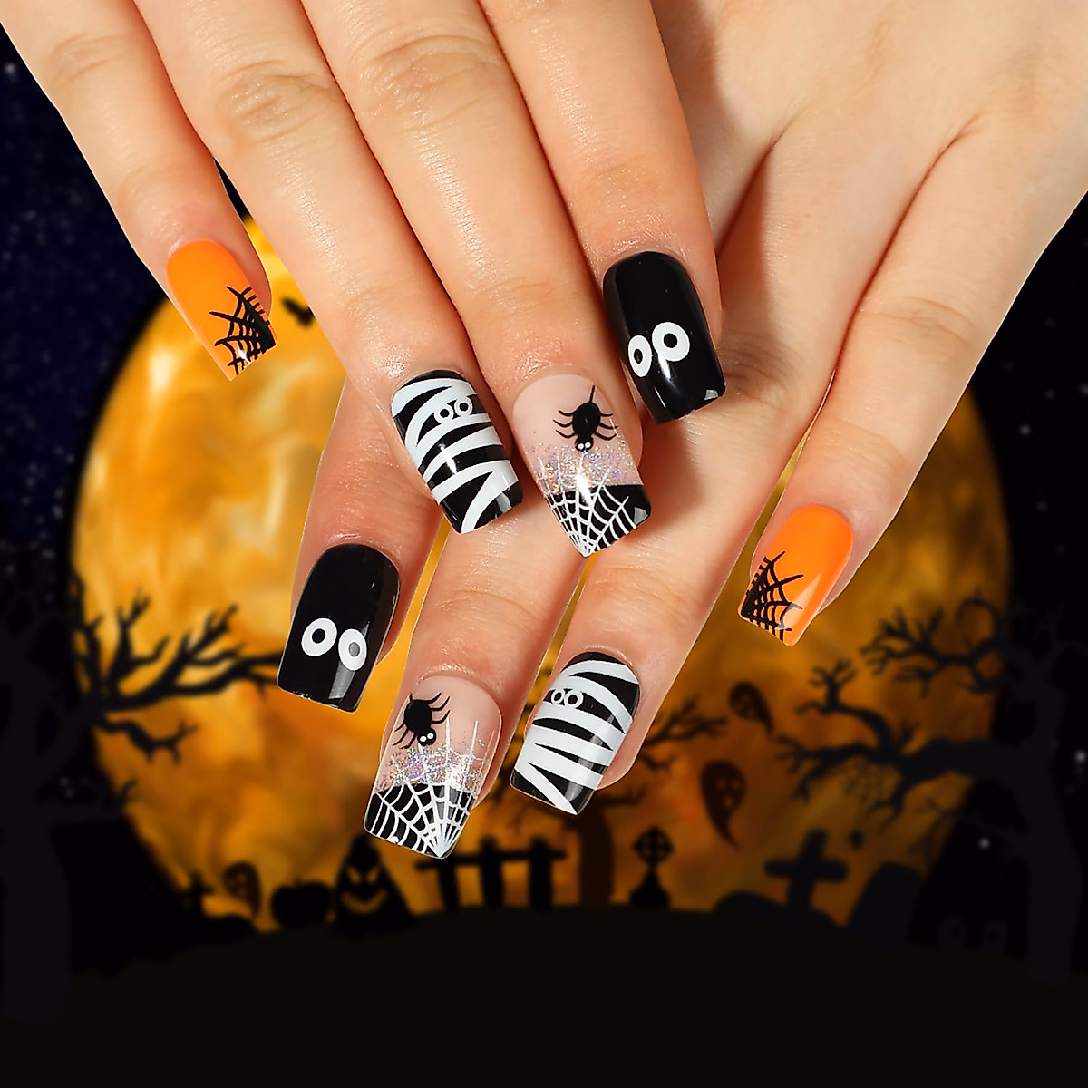 24Pcs Square Press on Nails Medium Length Halloween Fake Nails with Spider Web Design Cute Eyeballs False Nails with Glue Artificial Acrylic Nails Halloween Nail Art Stick on Nails for Women Girls
