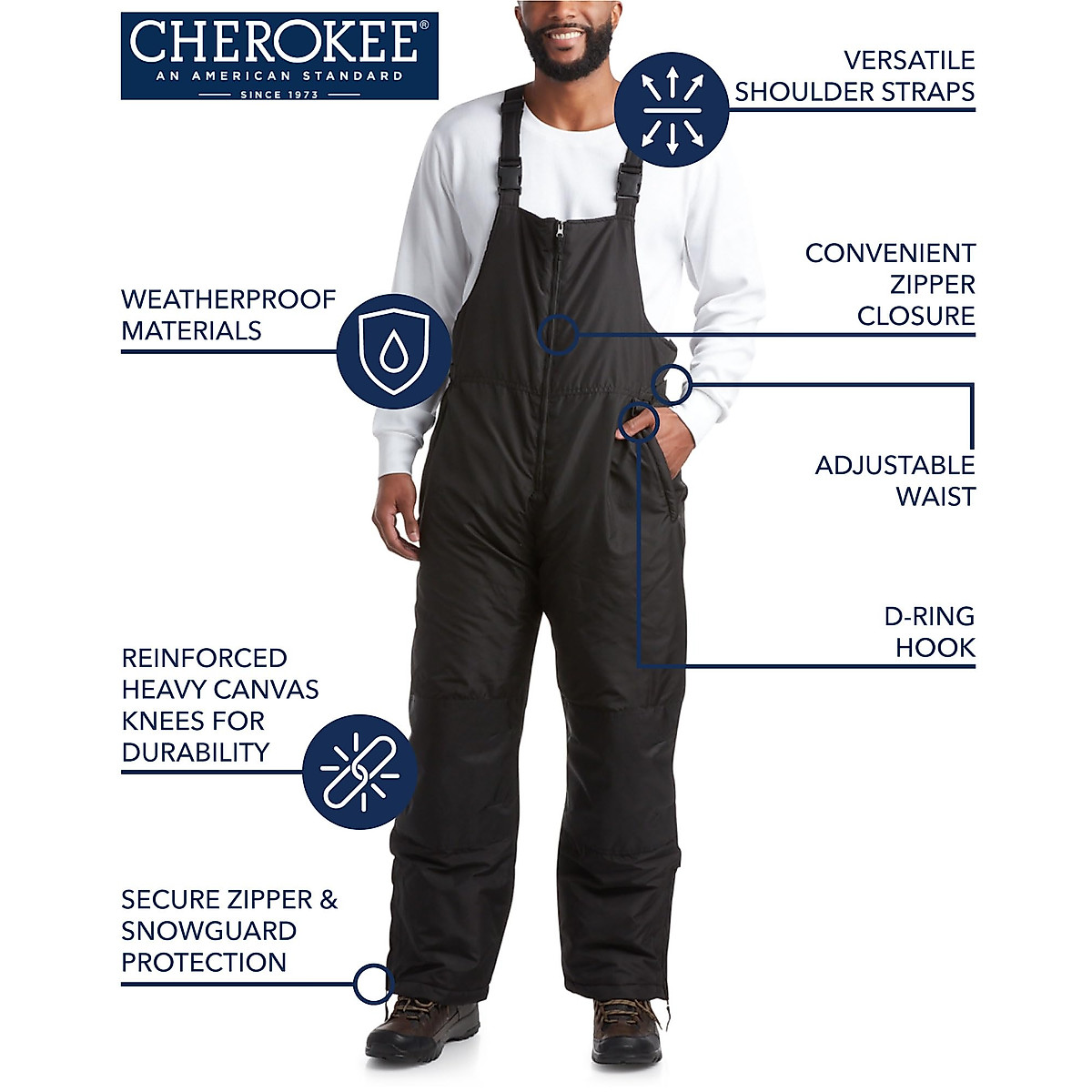 Cherokee Men's Snow Bib - Insulated Waterproof Snow Pants Ski/Snowboard Overalls (M-2XL), Size X-Large, Black