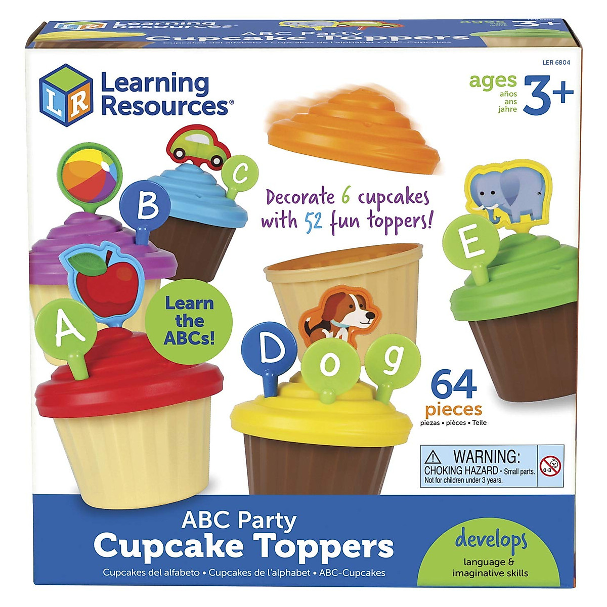 Learning Resources ABC Cupcake Party Toppers, Develops Language Skills, Early Alphabet Learning, Pretend Play Food, Vocabulary Toy, 64 pieces, Ages 3+