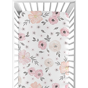 Sweet Jojo Designs Watercolor Floral Girl Cotton Fitted Crib Sheet Baby or Toddler Bed Nursery - Blush Pink, Grey and White Boho Shabby Chic Rose Flower 100% Cotton