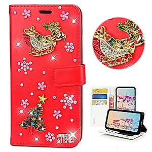 STENES Bling Wallet Phone Case Compatible with Samsung Galaxy Z Fold 2 5G - Stylish - 3D Handmade Christmas Tree Elk Gift Floral Leather Girls Women Cover with Neck Strap Lanyard [3 Pack] - Red