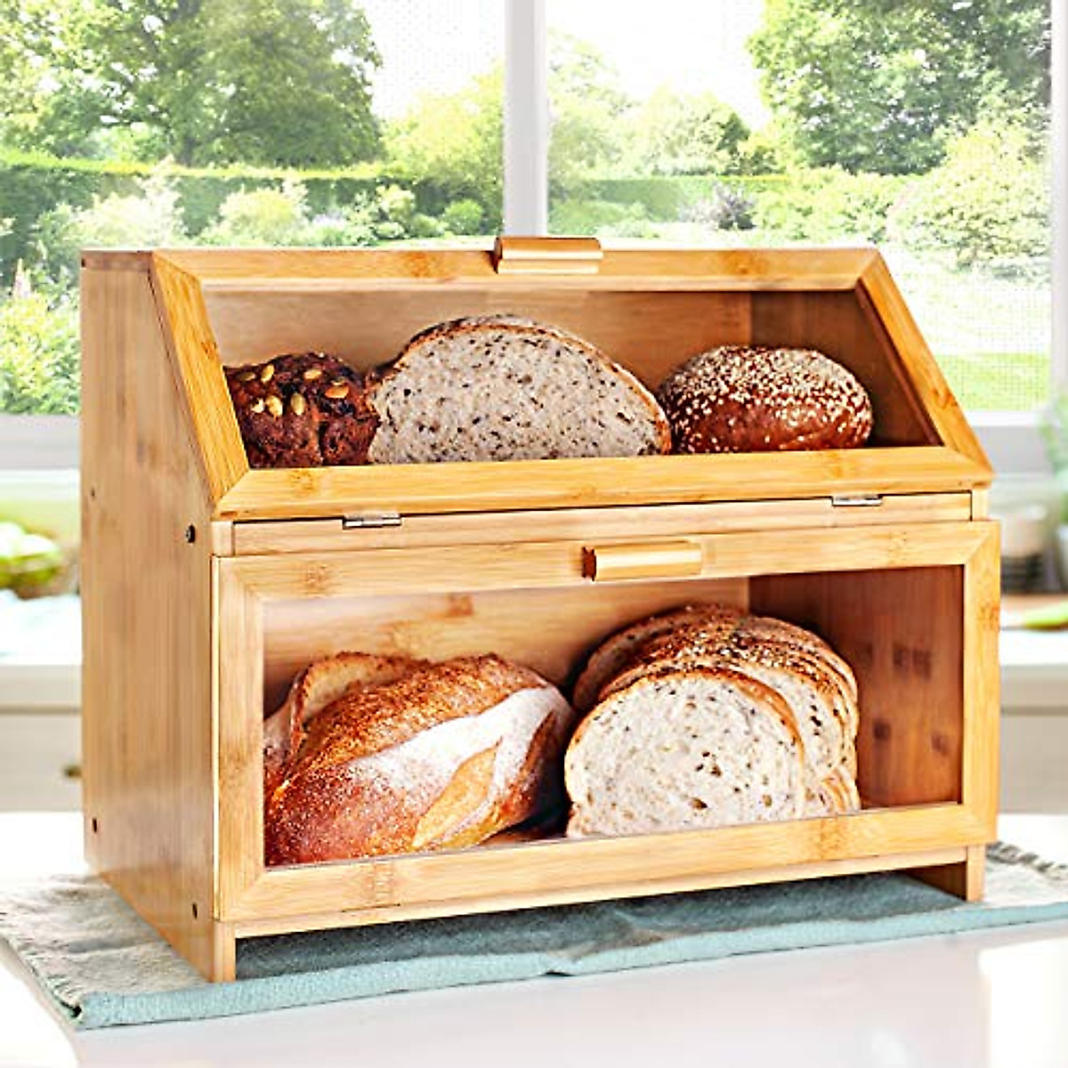 Laura's Green Kitchen Bamboo Bread Box for Kitchen Counter - Double Layer Bread Storage with Clear Windows - Rustic Farmhouse Style Bread Bin (Self-Assembly)
