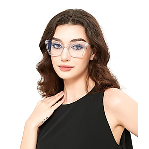 JFXQDR 2 Pack Women's Oversized Blue Light Blocking Glasses, Trendy Cat Eye Computer Gaming Eyeglasses Anti Eyestrain & UV Glare RF6204 (Black + Clear Cateye Frame)