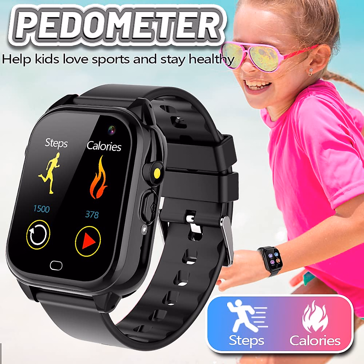OVV Kids Waterproof Smart Watch Boys Girls Age 3-12 with 26 Game 1.44'' HD Touch Screen Music Player Camera Video Recorder 12/24 Hr Clock Pedometer Alarm Torch Calculator Children Learning Toys