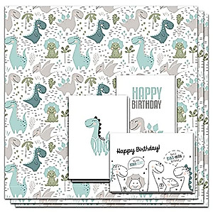 Dinosaur Wrapping Paper with Matching Cards - Premium Happy Birthday Wrapping Paper for Boys and Girls includes 3 Folded Sheets 30 x 20 inches and 3 Coordinating Gift Cards Great for Three Rex Birthday Party Decorations and Baby Wrapping Paper