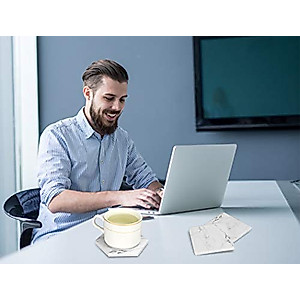 6 pcs White Marble Coasters for Coffee Table Drink Absorbent Coasters with Holder Hexagon Stone Cup Coaster Set Thirstystone Coasters Ceramic Bar Coasters