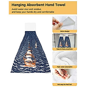 Nautical Adventure Ship Ocean Sailboat Hanging Kitchen Towels Soft Absorbent Hand Tie Towels Set with Hook&Loop,Rough Sea Waters Seascape Tea Bar Dish Cloths Towel for Bathroom Laundry Room BBQ,1pc