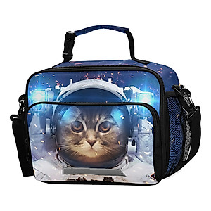 BOENLE Space Cat Astronaut Lunch Box Insulated Lunch Bag Boys Cooler Tote Kids Girls Shoulder Strap Reusable for School Picnic Travel Office
