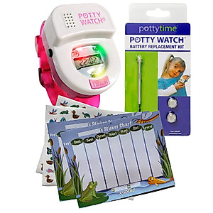 Potty Time:The Original Potty Watch|Water Resistant,Toilet Training Aid,Warranty(30|60|90 Min Auto Timers w/Music & Flashing Lights for Fun & Gentle Reminders) Pink, Pond Sticker Chart & Battery Kit