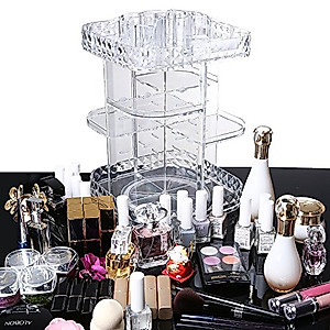 Makeup Organizer 360-Degree Rotating Cosmetic Storage Box, DIY Adjustable Large Capacity Cosmetics Display Case Square Makeup Shelf with Diamond Pattern