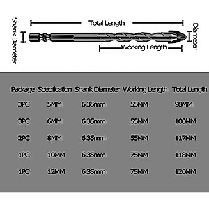 JOERIC Masonry Drill Bit Set, 10 Pieces Concrete Drill Bits Set Ceramic Drill Bit Carbide for Ceramic Tile, Plastic, Wall, Brick, Cement, Concrete, Wood with Size 5mm to12mm