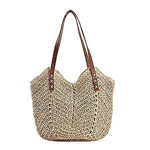 NIBD Hand-woven Soft Large Straw Shoulder Bag Retro Boho Tote Bags Summer Beach Woven bag Rattan Handbag (Off-white)