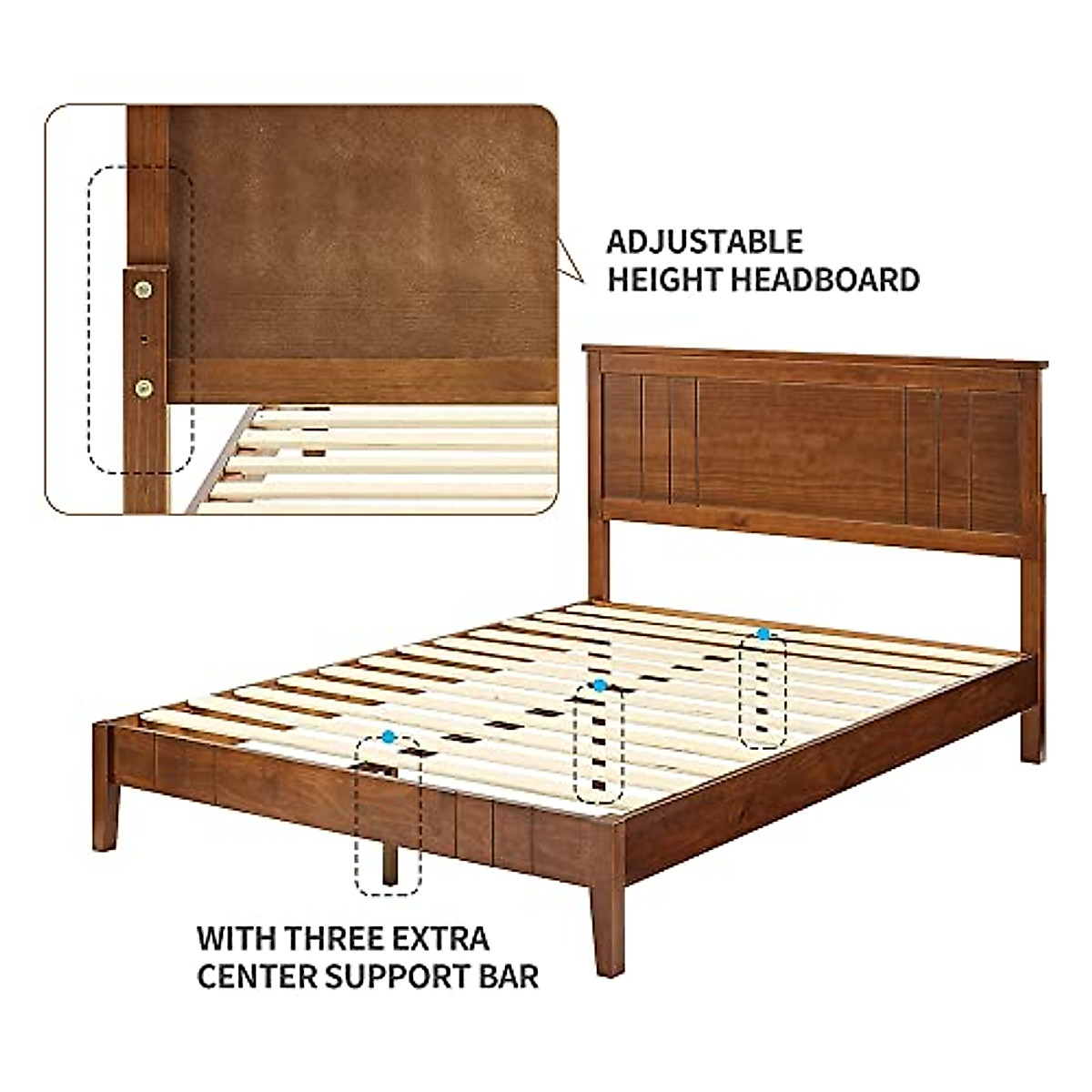 MUSEHOMEINC Mid-Century Modern Solid Wooden Platform Bed with Adjustable Height Headboard for Bedroom,King Size Wooden Bed Frame with Headboard,Wood Slat Support & No Box Spring Needed