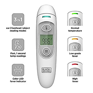 BLACK+DECKER 3-in-1 Infrared Thermometer for Kids and Adults with Fever Alarm, Forehead/Ear/Object Modes, Mute Function for Sleeping Babies, Fast Response Time and Auto Shutdown (BDXTMB100), White
