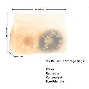 Reusable Freezer Bags, 3 Pack PEVA Material Reusable Storage Bags, Leak proof Reusable Bags Silicone, Plastic Free for Fruit, Marinate Meat, Cereal, Sandwich, Snack, Travel Items