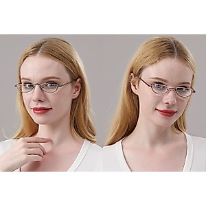 REAVEE 2 Pack Retro Designer Half Moon Reading Glasses Women Men Spring Hinge Half Frame Readers Stylish Slim Eyeglasses with Pouch,Red and Gun Grey 2.0