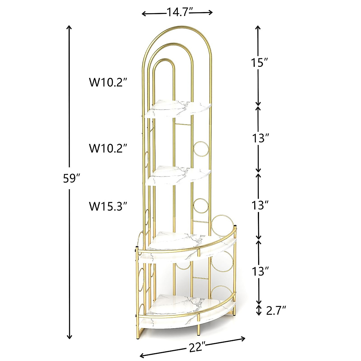 Arched Bookshelf，4 Tier Corner Shelf Stand,Open Bookshelf,Gold Bookcase for Living Room,Home Office, Study, Bedroom,Bathroom Modern Style(White + Gold)