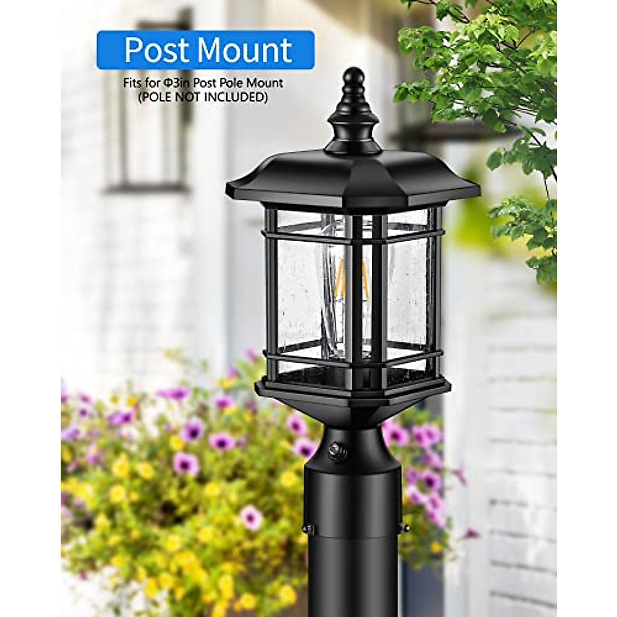 VIANIS Dusk to Dawn Post Lights Outdoor, Black Post Lantern with Pier Mount Base, Exterior Lamp Post Light Fixture, Waterproof Aluminum Body with Tempered Seeded Glass for Patio, Garden, Driveway