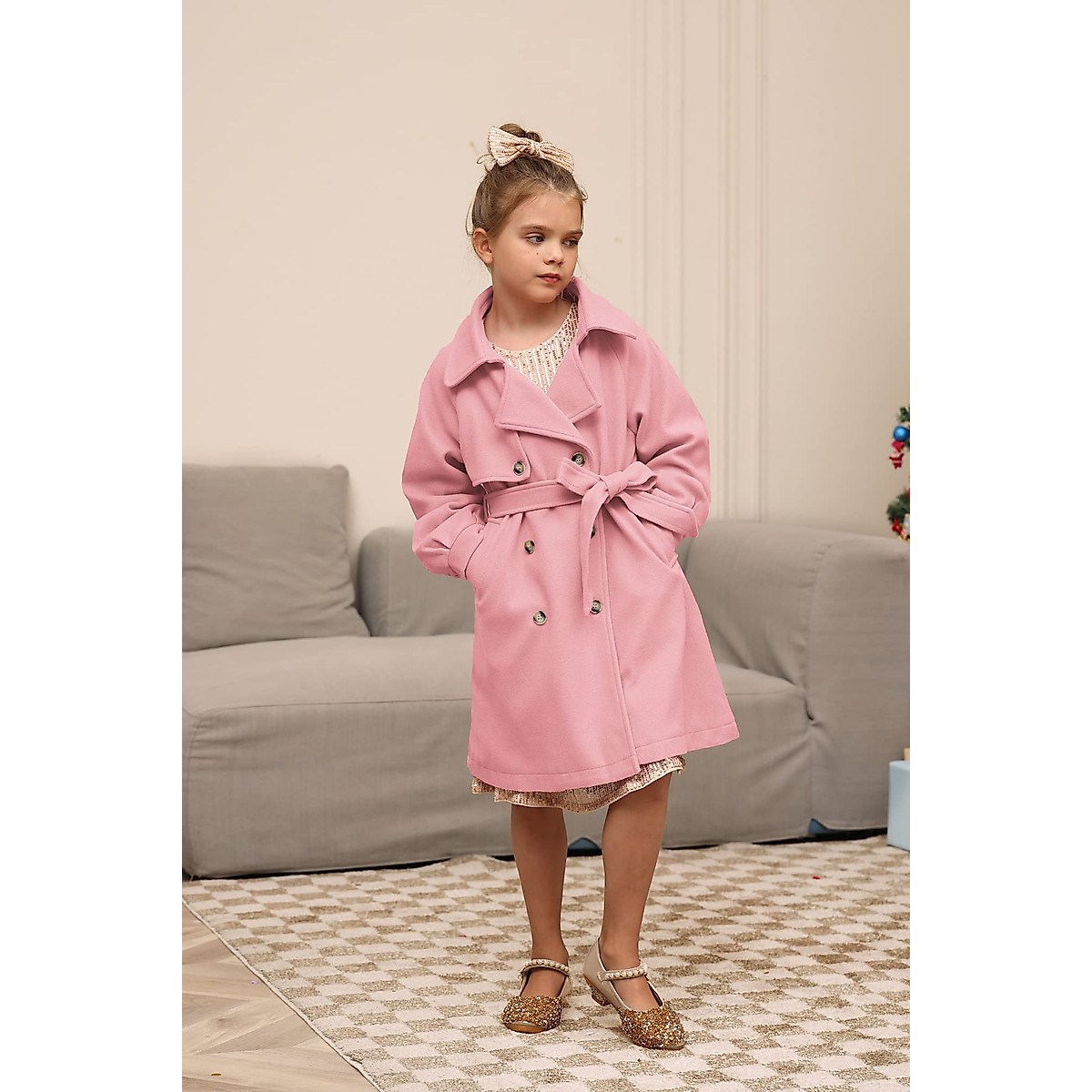 GRACE KARIN Girls Wool Blend Pea Coat Lapel Dress Coat Jackets with Pockets Belt Pink 12Y