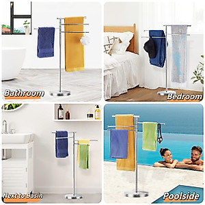 Freestanding Towel Rack, 40 Inch Tall Standing Towel Racks for Bathroom with Weighted Base, Modern Floor Towel Drying Holder Stand with 4 Swivel Arms, Stainless Steel, Chrome, YOFOVI