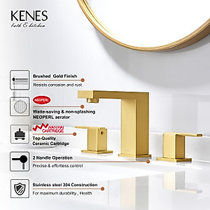 KENES Gold Widespread Bathroom Faucet Brushed Gold Two Handle Bathroom Sink Faucet 3 Hole, 8-Inch Bathroom Faucet Vanity Faucet with Lead-Free Supply Hose, KE-9050-4