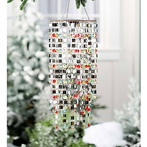 Wind & Weather Concentric Rings Silver and Multi-Colored Mirrored Outdoor Chandelier with Solar Lights Powered by Discreet Solar Panel in Top with Hanging Chain Included, 8½" Dia. x 29" H, Chain 9¼"L