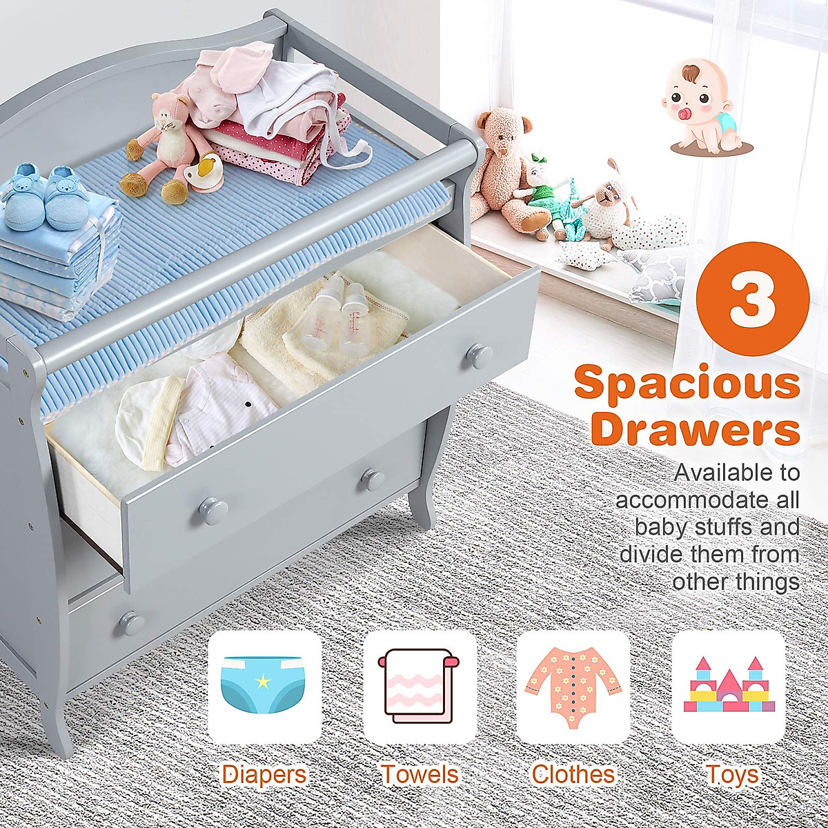 Costzon 3-Drawer Changing Table, Infant Diaper Changing Station with Drawers, Safety Rails & Strap, Baby Changing Table Dresser for Nursery, Easy Assembly (Gray)