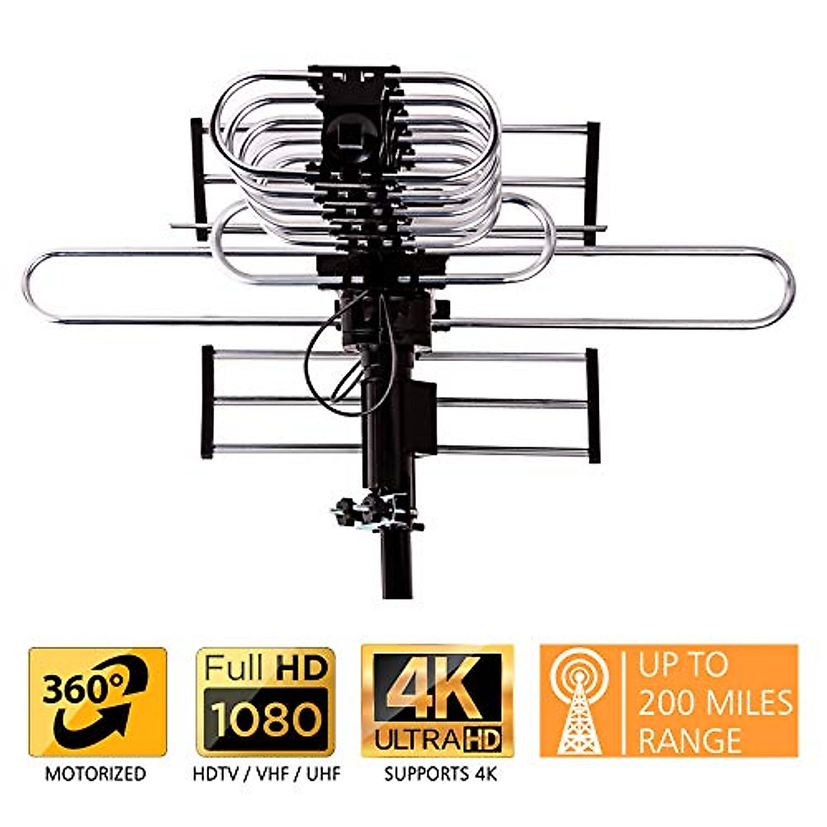 [Newest 2020] Five Star Outdoor Digital Amplified HDTV Antenna - up to 200 Mile Long Range,Directional 360 Degree Rotation,HD 4K 1080P FM Radio, Supports 5 TVs Plus Installation Kit and Mounting Pole