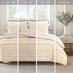 ALEISSEL Stripes Blush Beige Comforter Queen Size,Pleated Queen Comforter Set Lightweight, Ultra-Soft Beige Bedding Set Queen Size 3 Pcs, Down Alternative Comforter Set(Blush Beige,Full/Queen90 x90)