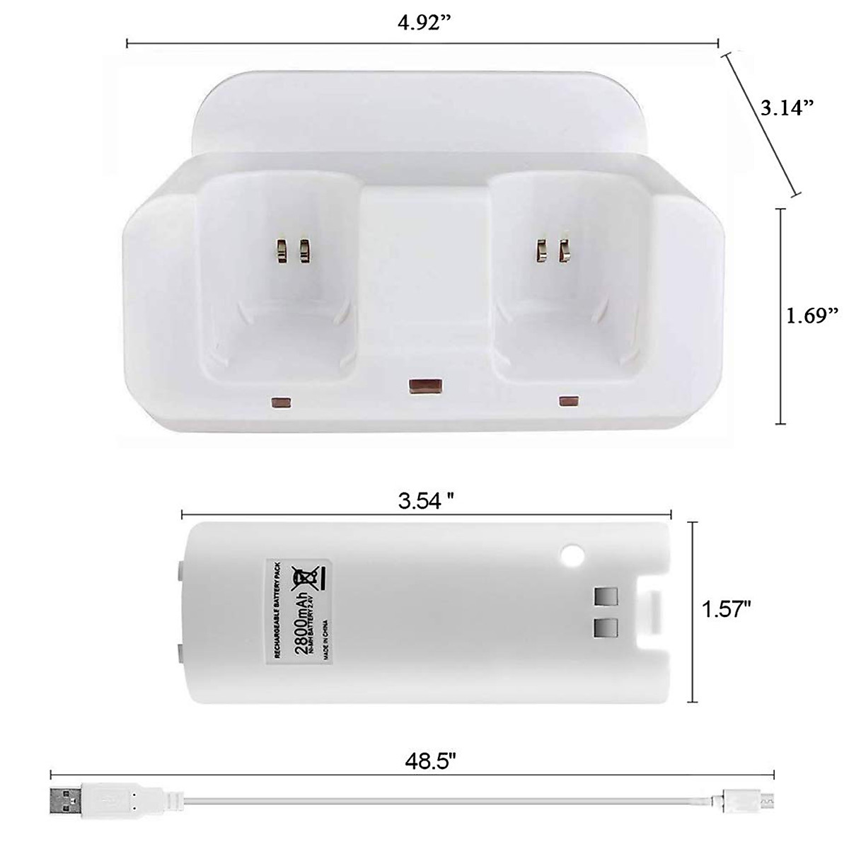Wii U Charger Dock Station for Wii Remote & Wii U Gamepad with 2 Rechargeable Batteries Charging Cable Led Indicator -White