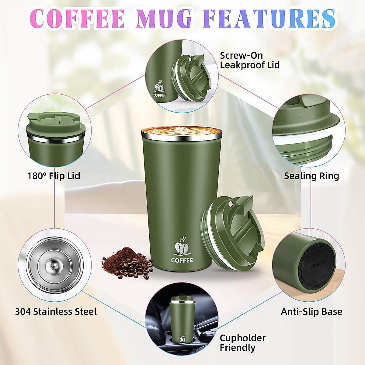 17oz Insulated Travel Coffee Mug with Flip Lid – Leakproof Stainless Steel Insulated Coffee Tumblers, Portable Thermos Cup for Hot & Cold Drinks, Perfect for Camping & On-the-Go