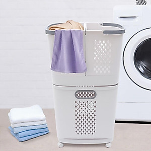 2 Tier Plastic Laundry Basket With Wheels,Movable Household Laundry Basket，Bathroom Clothes Storage Basket Cart,Floor-Standing Hand-Held Laundry Basket for Home,White