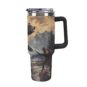 Bear Hunting Insulated Tumblers with Handle Stainless Steel Coffee Mug Funny Travel Cup with Lid Straw 40oz