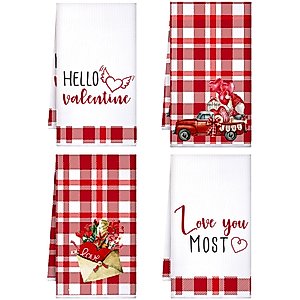 4 Pcs Valentines Day Kitchen Towels Hand Dish Towels Red Valentines Day Decor Love Envelope Truck Fingertip Towels Absorbent Microfiber Cloths for Bathroom Guest Anniversary Wedding 16 x 23.6 Inch