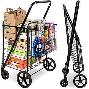 Best Choice Products Folding Steel Grocery Cart, Portable Multipurpose Utility Double Basket for Shopping, Groceries, Laundry w/Swivel Wheels, Storage, 220lb Capacity