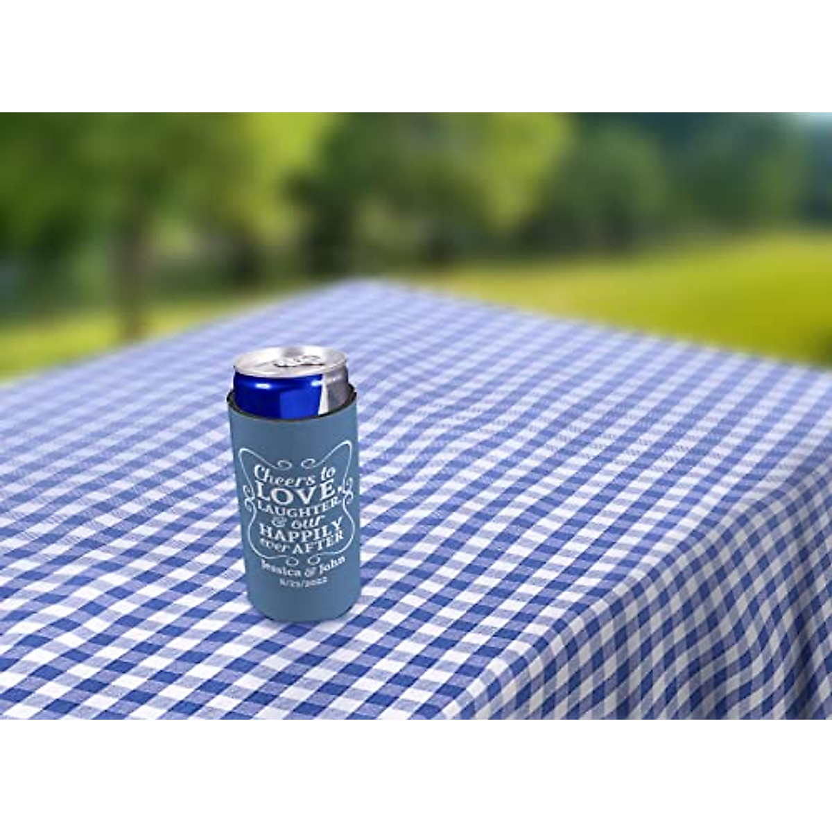 Cheers To Love Custom Names & Date 6-Pack Personalized Ultra Slim Can Coolies Slate Blue