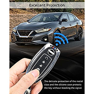 Key Fob Cover with Key Chain Only Fit for Nissan 5 Buttons Smart Key, Soft Silicone Full Protection and Metal Shell Smart Key Case, Silver
